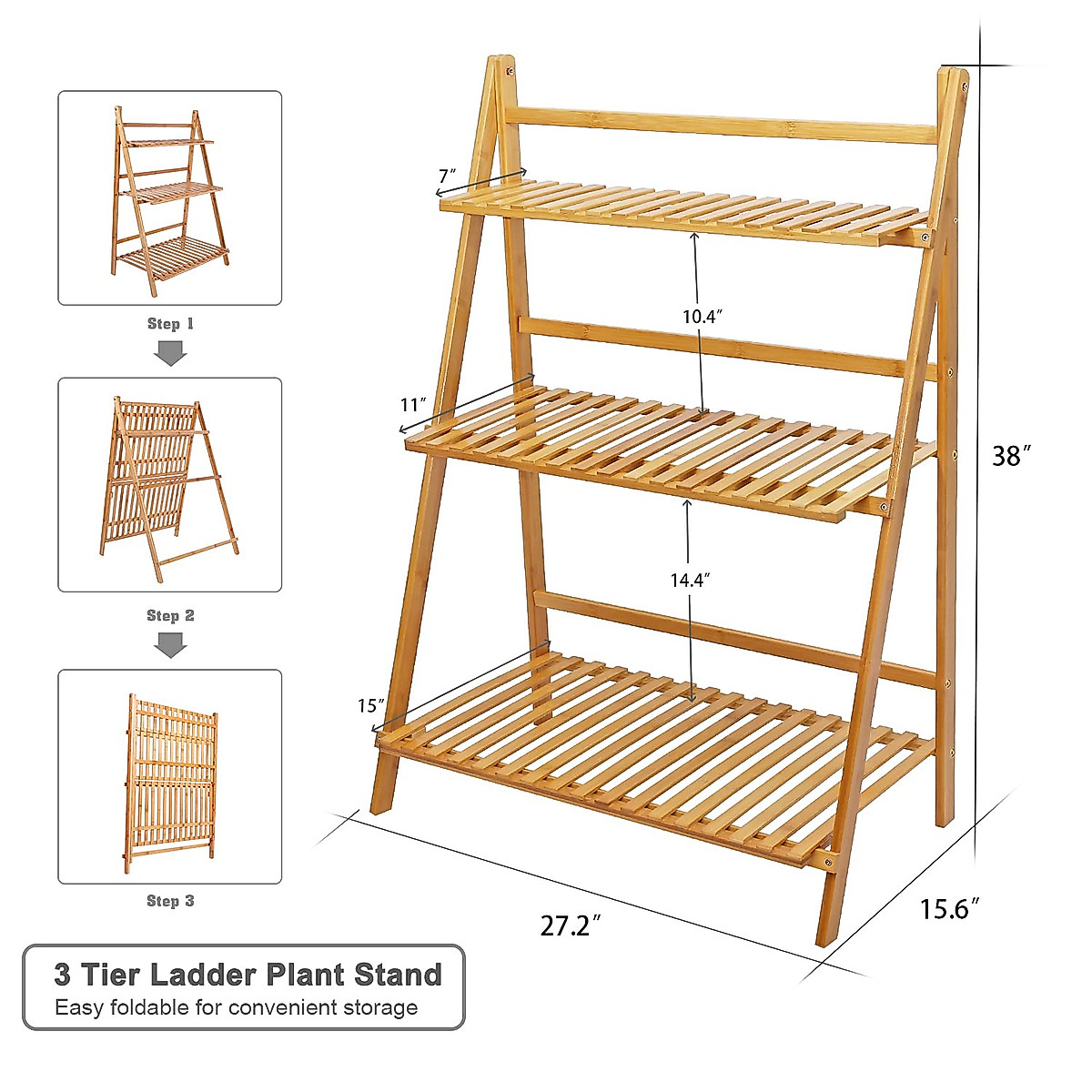 Ufine Bamboo Ladder Plant Stand 3 Tier Foldable Flower Pot Display Shelf Rack for Indoor Outdoor Home Patio Lawn Garden Balcony Organizer Planter Holder