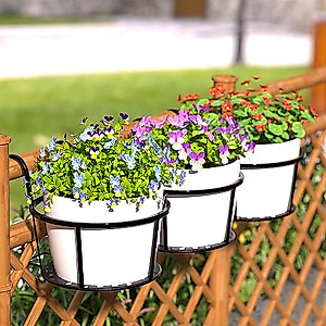 CADANI Iron Hanging Plant Holder Over The Rail Metal Fence Planters, Hanging Bucket Flower Pot Holder for Patio Balcony Outdoor Plants - Pack of 6 (Black)