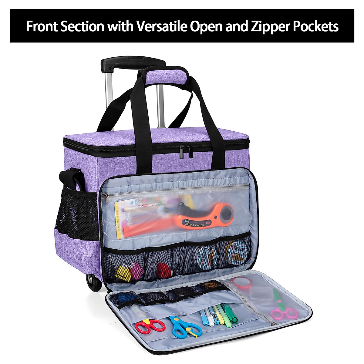 Yarwo Rolling Craft Bag on Wheels, Women Craft Scrapbook Tote Bag with Detachable Trolley and Extra Bottom Board for Teaching Crafts Supplies and Tools, Rolling Teacher Cart for Women, Purple