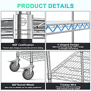 Dolonm 6-Tier Storage Shelves Wire Shelving Unit, 6000 LBS NSF Height Adjustable Shelves Organizer with Wheels, 18"L x 60"W x 87.5"H, Heavy Duty Garage Shelving for Restaurant, Office, Kitchen, Chrome