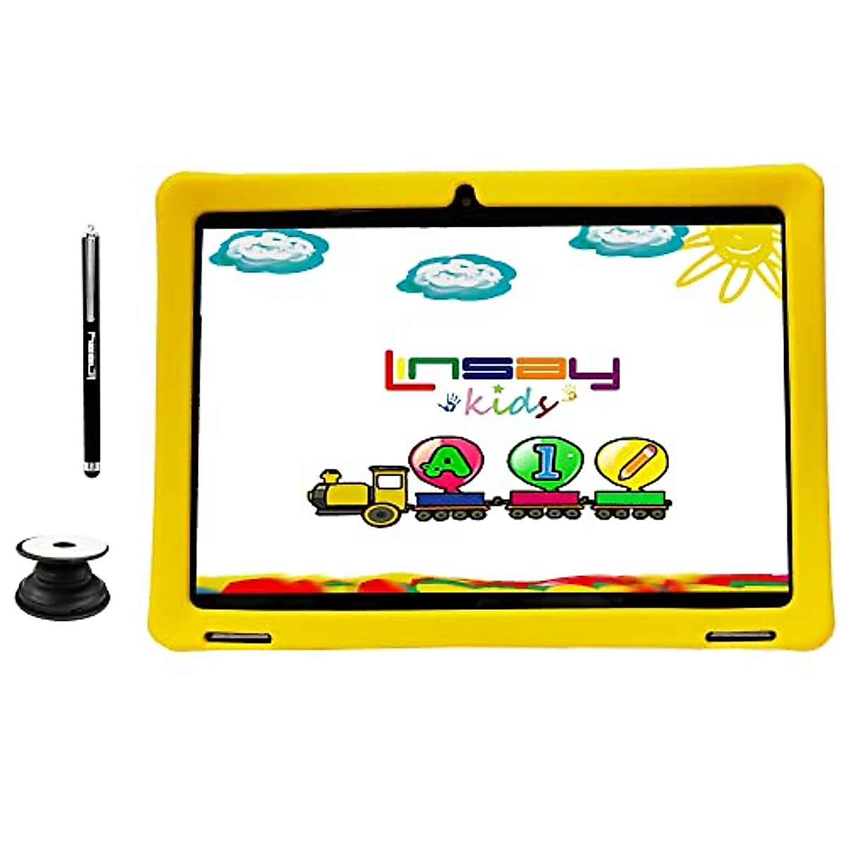 LINSAY 10.1" 1280x800 IPS 2GB RAM 32GB Android 11 Tablet with Kids Yellow Defender Case, Pop Holder and Pen Stylus