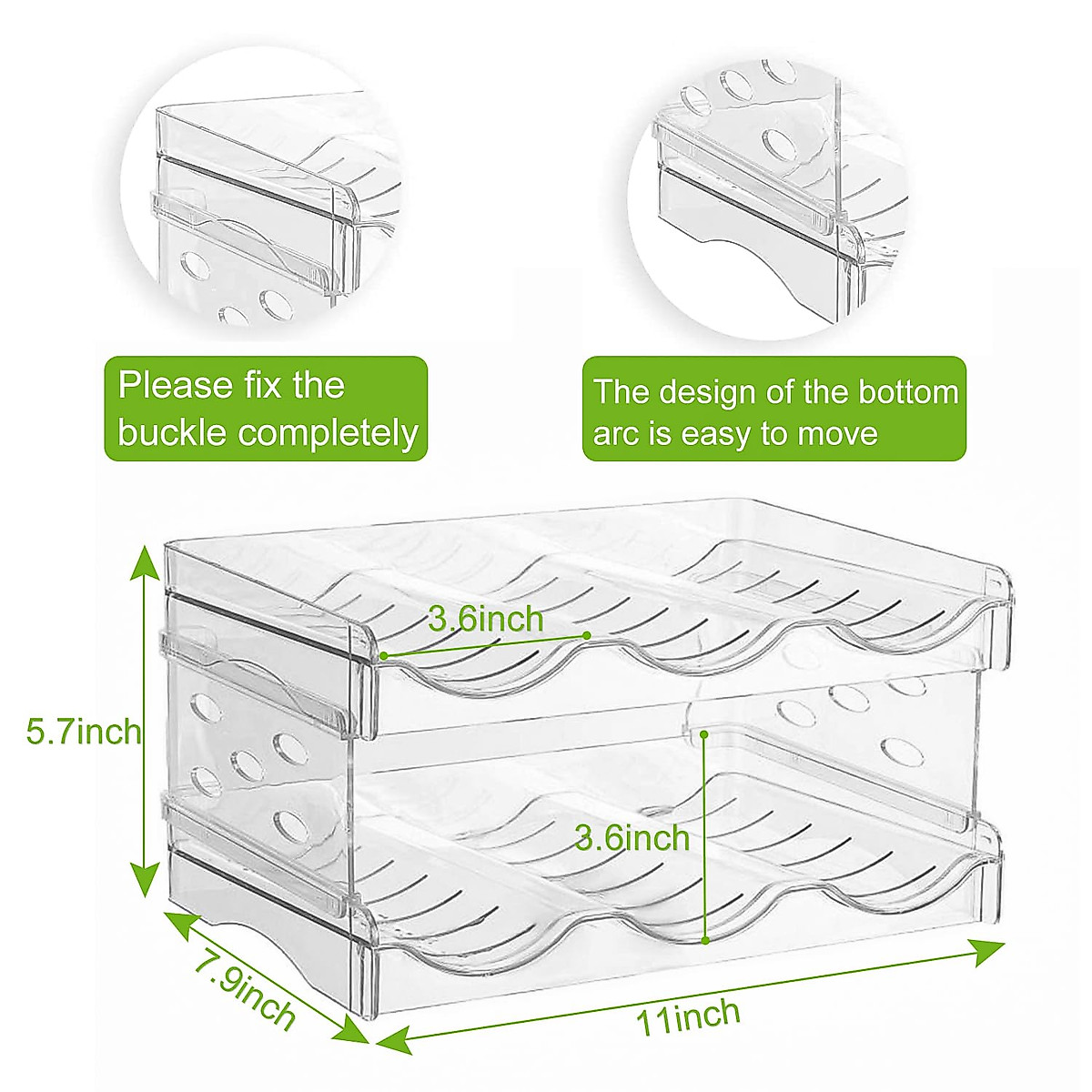 Stackable Bottle Rack Organizer for Refridgerator, Stackable Canned Food Pop Cans Container Water Tumbler for Fridge Pantry Rack Freezer, Clear Plastic Storage Bins,Holds 6-12 Long Bottles Cans Each