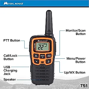 Midland T51VP3 22 Channel FRS Walkie Talkie - Up to 28 Mile Range Two-Way Radio - Orange/Black (Pack of 6)