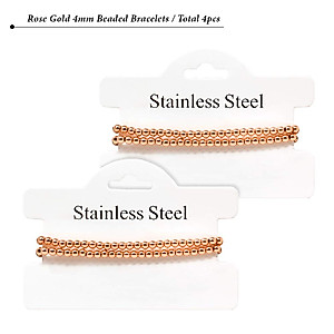SM Stainless Steel Gold Silver Rose gold Beaded Ball Bracelets 4PCS Set for Women Stretchable Elastic Bracelet (Rose gold, Stainless Steel)
