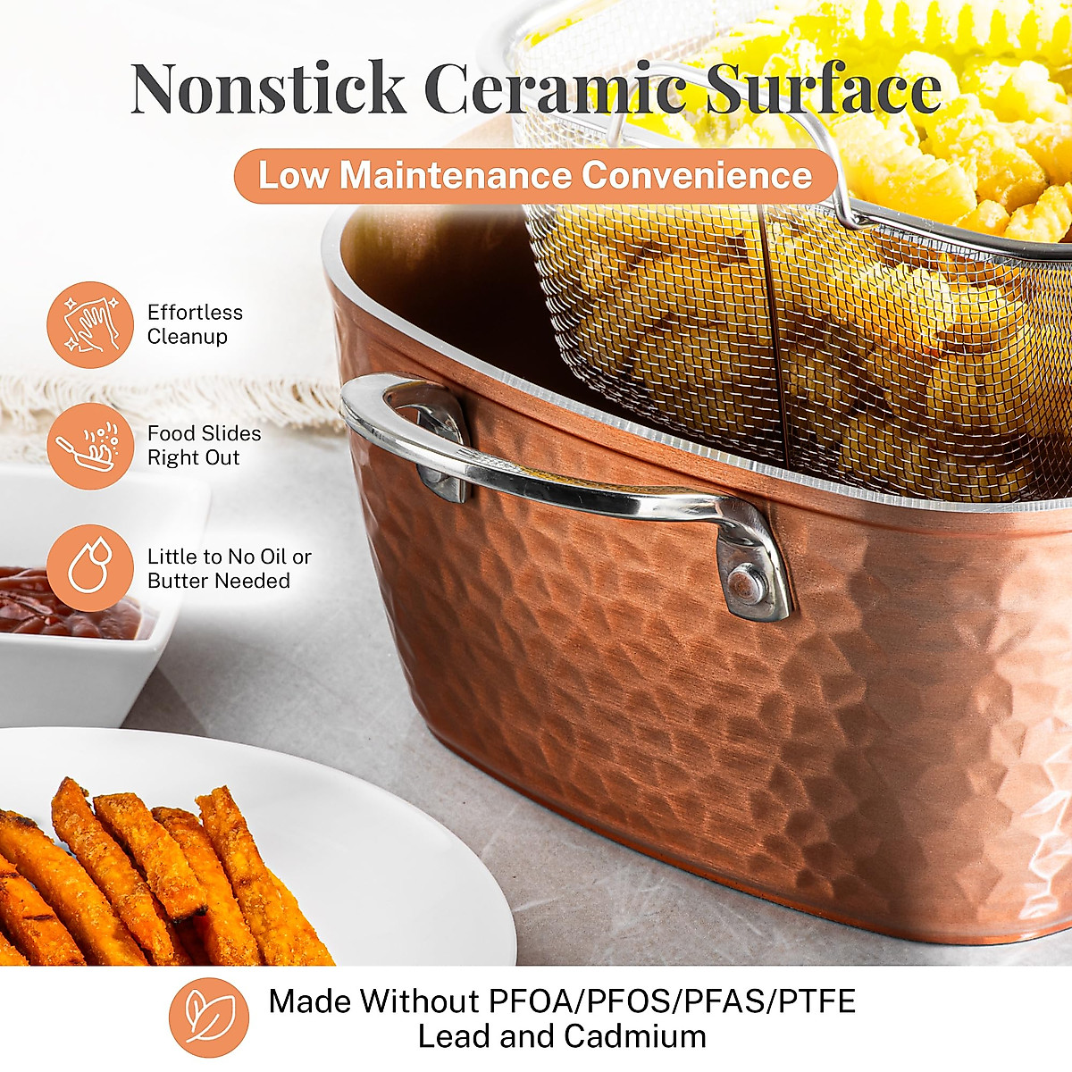 GOTHAM STEEL Nonstick Square Deep Frying Pan, 9.5” Large Cooking Pan with Ceramic Nonstick Coating, Deep Fryer Pot with Basket, 4 Pc Titanium Ceramic with Lid, Basket & Steamer Tray, Dishwasher Safe