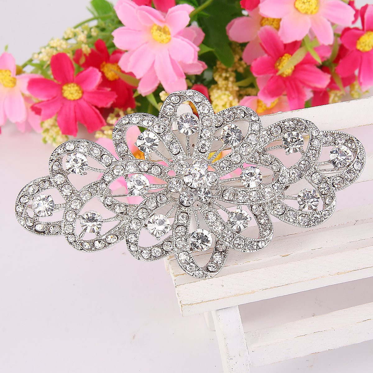 EVER FAITH Austrian Crystal 4 Inch Flower RibbonBridal Brooch Wedding Accessories for Women Clear Silver-Tone