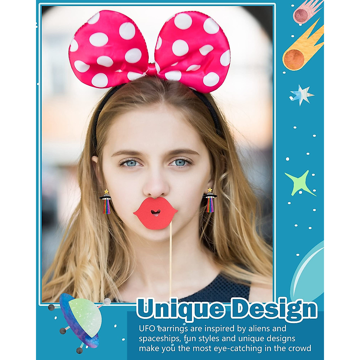 Yinkin 10 Pairs UFO Aliens Earrings for Women Space Weird Acrylic Earrings Flying Saucer Dangle Earrings Novelty Fun Glitter Cute Earrings Jewelry for Women, Multiple Colors