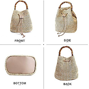 ZLM BAG US Drawstring Straw Bucket Bag Bamboo Joint Handle Tote Purse Pu Leather Strap Crossbody Shoulder Bag