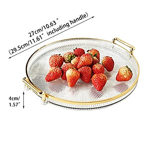 IWANGDS Round Serving Tray with Golden Handles and Golden Rim Border, Decorative Plastic Serving Tray for Living Room, Bathroom, Kitchen | Tray Decor for Party, Coffee Table, Display 10.63" (Amber)