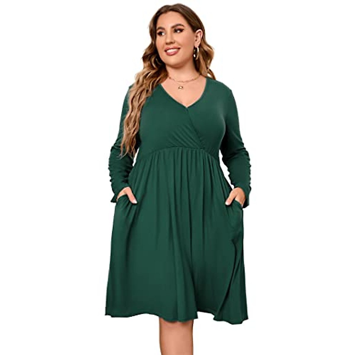 KOJOOIN Women's Plus Size V Neck A-Line Knee Length Wrap Swing Dresses Casual Loose Party Mini Dress with Pockets (Dark Green, 5XL)