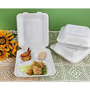 Azure Zone, 8", 3-Compartment Compostable Clamshell, 200 Pack to Go Containers, Biodegradable Made of Sugar Cane Fibers