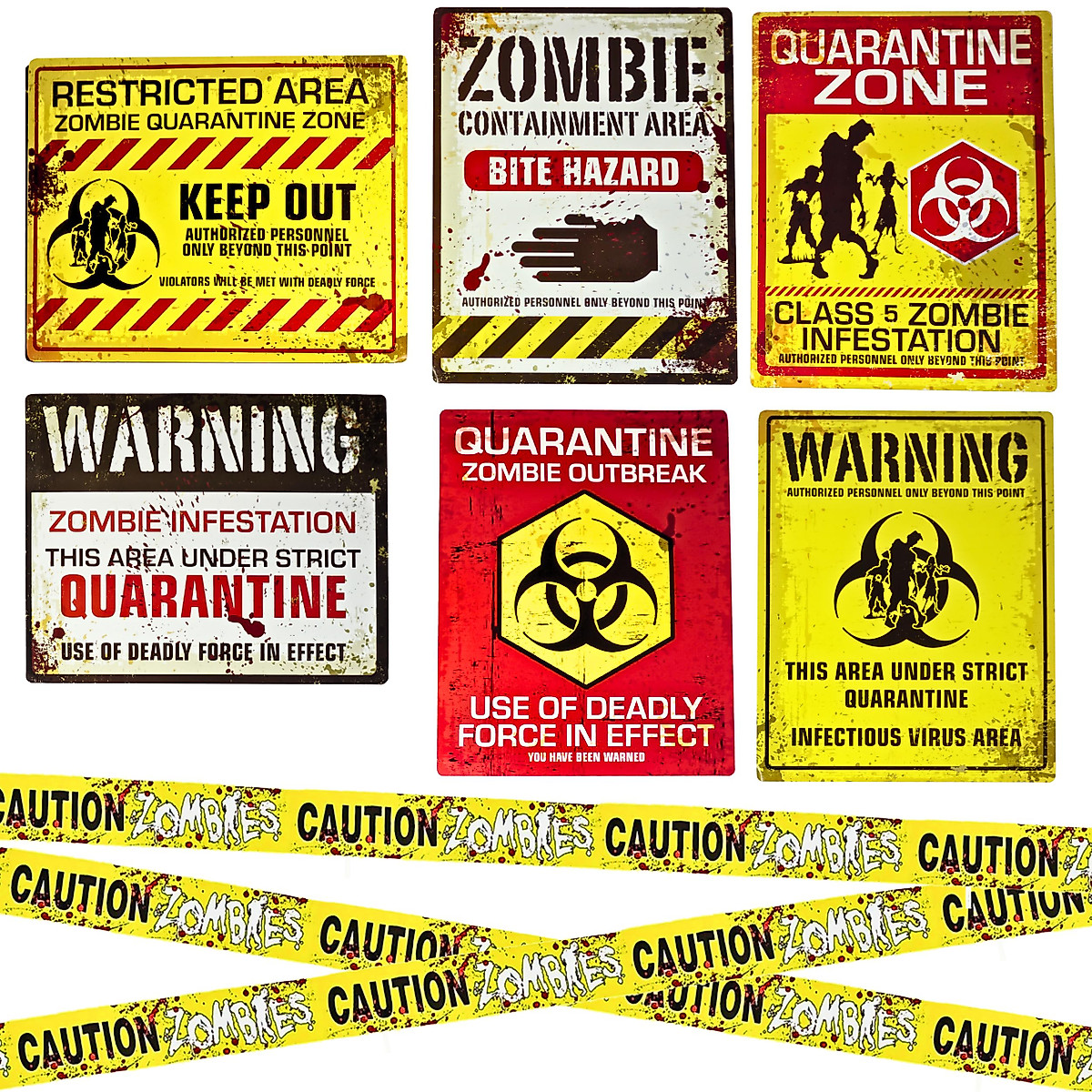 6 Warning Signs 11x14" with Caution Tape Roll 20 Feet - Halloween Zombie Party Decorations Halloween Indoor Outdoor Yard Signs Beware Danger Door Posters Haunted House Decor