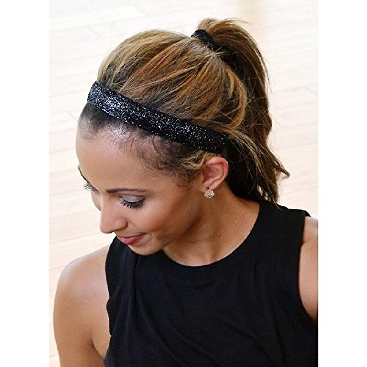 Sweaty Bands Womens Girls Headband - Non-Slip Velvet-Lined Sparkly Fitness Hairband - 2-Pack Viva Diva Black 1-Inch and Viva Diva Gunmetal 3/8-Inch