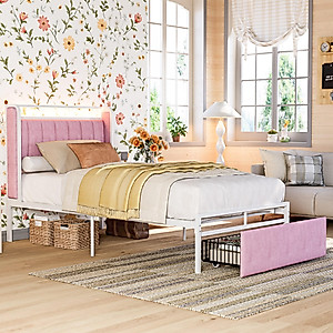 LIKIMIO Twin Size Bed Frame with Armrests Headboard & RGB Light, Upholstered Twin Size Bed Platform with Drawers, No Box Spring Needed, Study & No Noise, Modern Pink