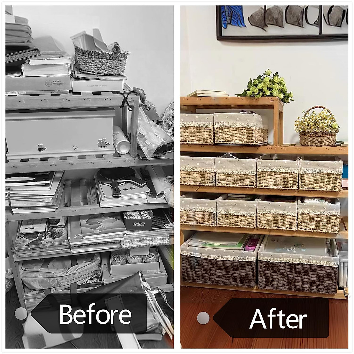 QRZLP 3 PCS Woven Storage Basket, Imitation Rattan Woven Desktop Storage Basket Household Miscellaneous Storage Basket Rectangular Handmade Baskets for Offices, Study Rooms, Bedrooms, Balconies.