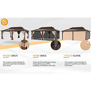 YOLENY 12' X 20' Hardtop Gazebo, Galvanized Steel Ventilation Double Roof Aluminum Frame Outdoor Gazebo Pavillion Pergolas with Netting and Curtains for Garden, Patio, Lawns, Parties