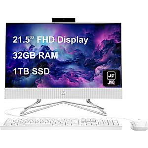 hp 22-inch All in One Desktop Computer, 21.5" FHD Display, Intel Pentium J5040 Processor, 32GB RAM, 1TB SSD, Webcam, Wi-Fi, Bluetooth, Keyboard, Mouse, Windows 11 Home White, JVQ MP