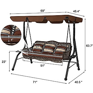 AECOJOY 3-Seat Proch Swing Chair, Patio Swing with Canopy, 2 Side Trays, 3 Pillows & Removable Cushion, Patio Wicker Swing with Stand Outdoor Swings for Adults, Balcony, Garden, Deck(Brown Rattan)