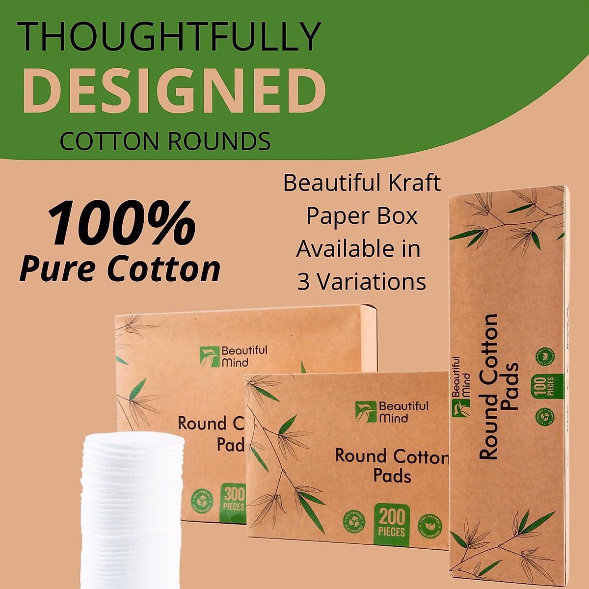 Beautiful Mind Cotton Rounds Makeup Remover Pads – Pack of 200 – Lint Free Eco-Friendly & Compostable – Use as Makeup Applicator, Nail Polish Remover, or Baby Care Pad – Kraft Box