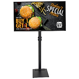 Displays2go Television Stand with Floor Mount, Steel Construction, Horizontal Orientation – Black (TVSVM3270B)