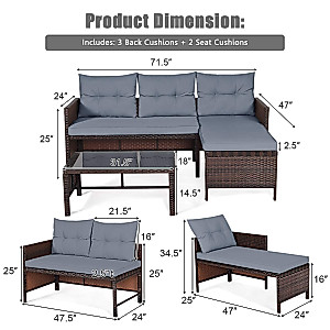Moccha Patio Furniture Sets, Sectional Sofa Set, includes Lounge Chaise, Loveseat & Coffee Table, All Weather Rattan Wicker Couch w/Washable Seat Cushions, Patio Garden Lawn Backyard Furniture (Grey)
