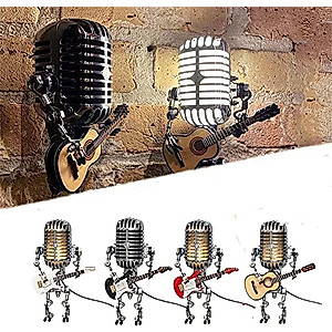 Goniome Vintage Microphone Robot Desk Lamp,Metal Microphone Robot Lamp with Mini Guitar 450g,Robot Touch Dimmer Lamp,Vintage Light Home Decor Nightstand Desk Lamp for Bedroom,Bar,Restaurant (Red)