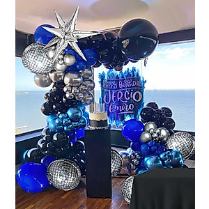 Blue and Black Silver Balloon garland kit 140pcs Royal blue and silver starburst Disco ball balloons for men 30th Birthday Party graduation 80s 90s Disco theme Decorations