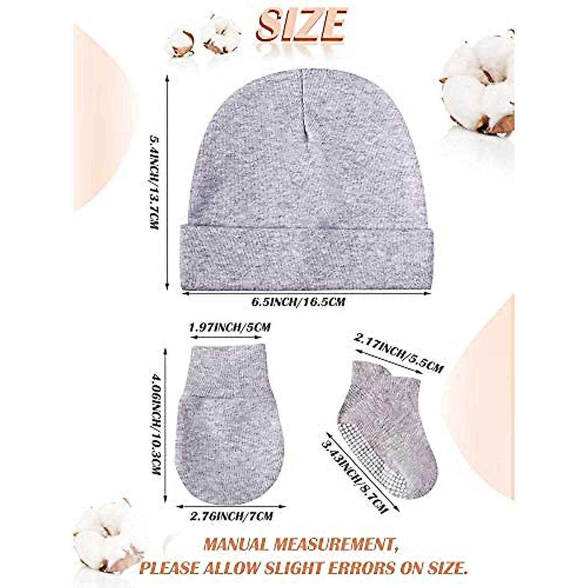 Baby Hats Mittens and Socks Set Unisex Cotton Beanie Cap and Scratch Mitten Non-Slip Baby Ankle Socks for Boys and Girls (White, Black, Grey, Light Blue, Navy Blue, Beige,6 Sets)