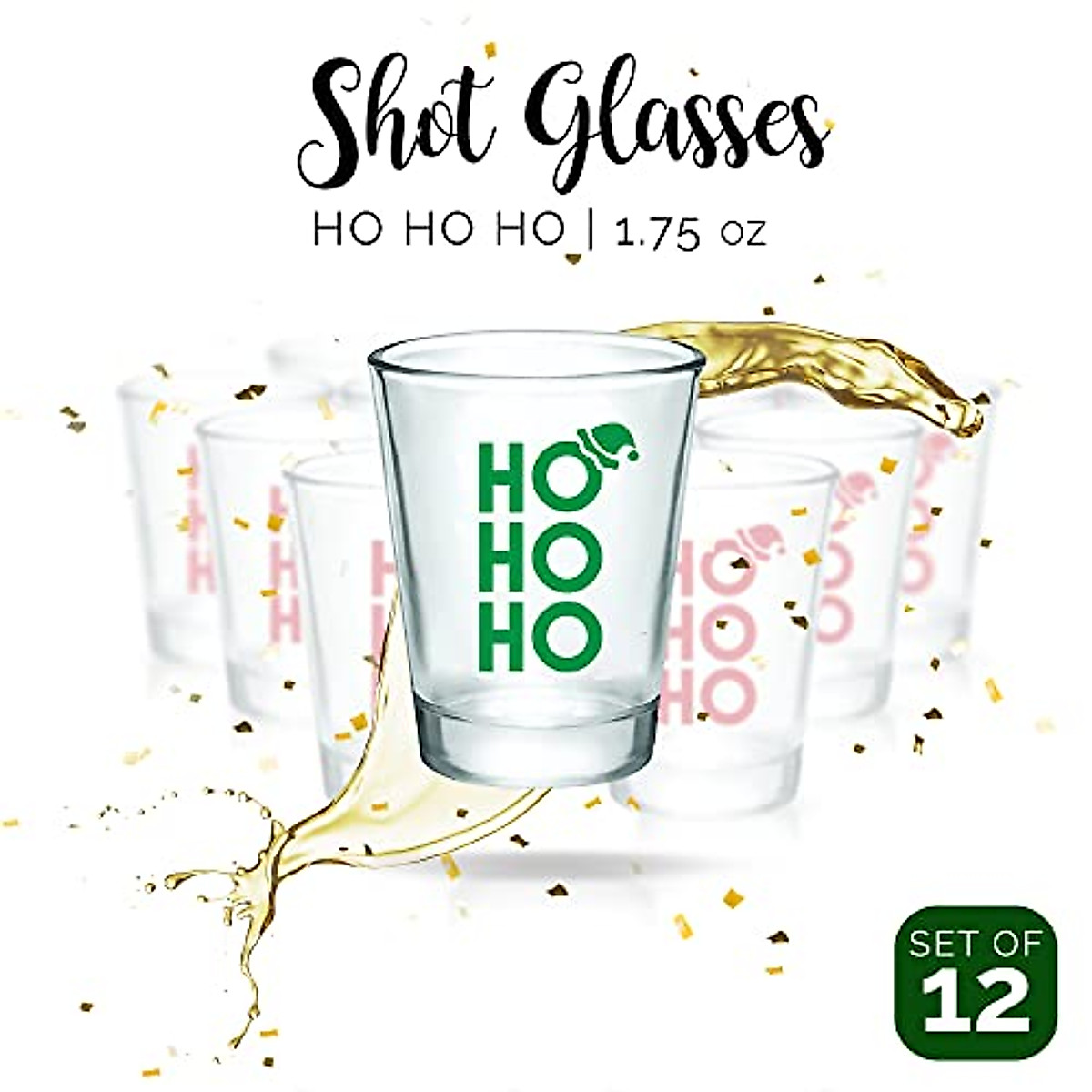Ho Ho Ho - 6 Red and 6 Green Christmas Shot Glasses - Set of 12 Glass Party Shot Cups with Double-Sided Prints - Holiday Cocktail Glasses for Drinking Liquor, Tequila, Vodka