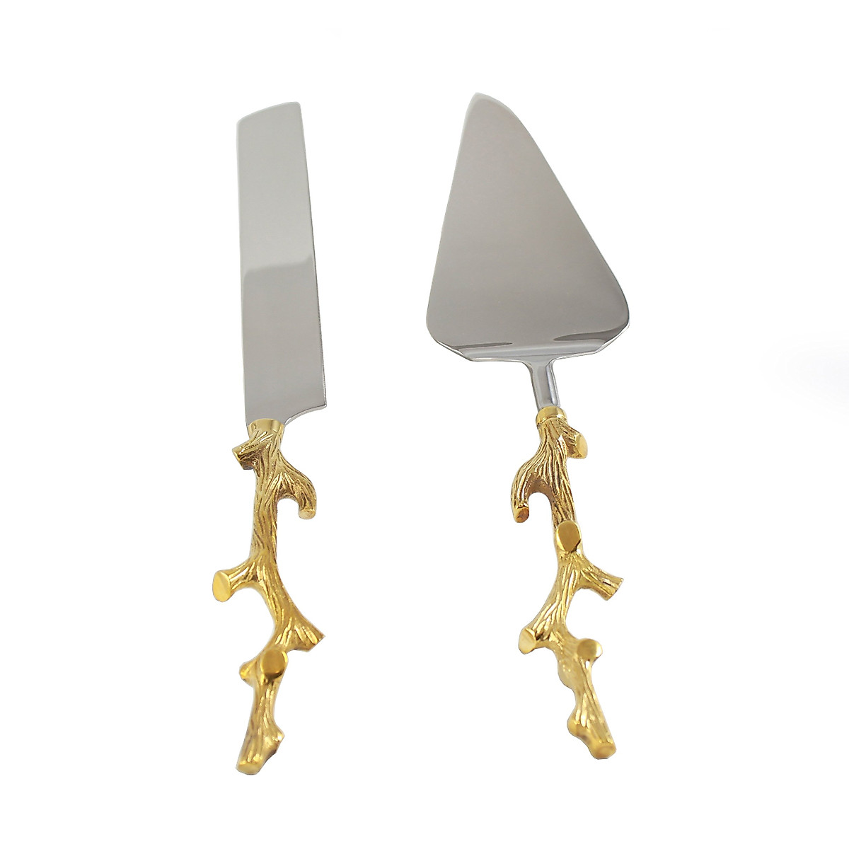 RS Accessories LLC Server Set, Cake, Pie, Desert Flatware Set, Tree Branch Design, 2-Piece 18/10 Stainless Steel with Brass Handles (Light Antique Gold Finish)…