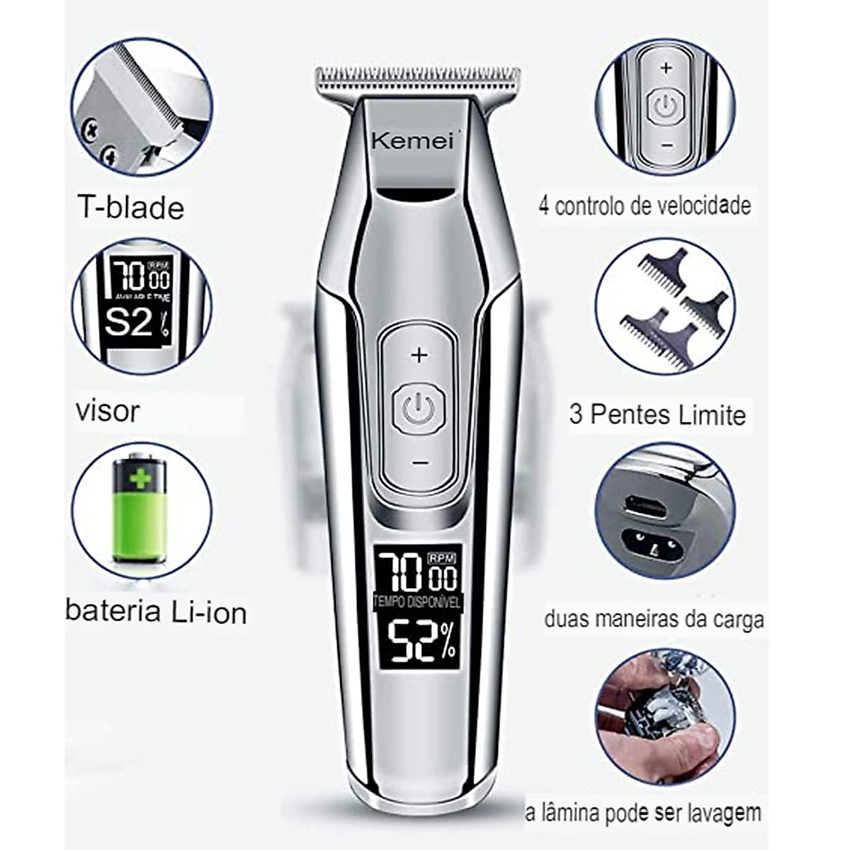 KEMEI Mens Clipper Cordless Barber Professional Hair Clipper LCD Display 0mm Baldheaded Beard Cutter Electric Haircut Machine USB Rechargeable