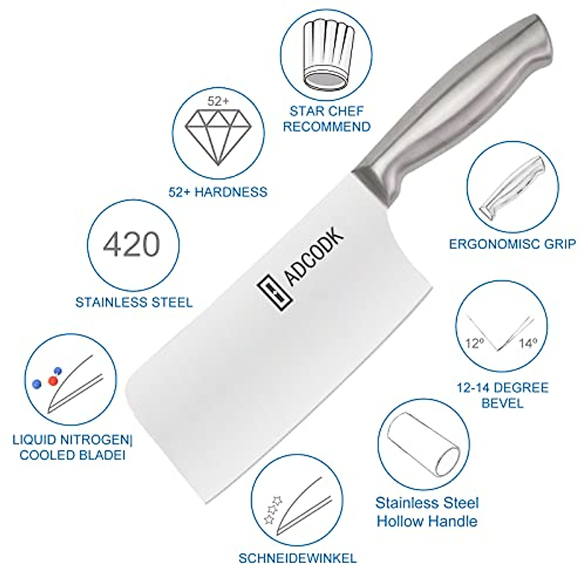 ADCODK Cleaver Knife-Chinese Chef Sharp Knife Butcher Vegetable Meat Cutting Slicing Asian Kitchen Knife Stainless Steel Hollow Handle