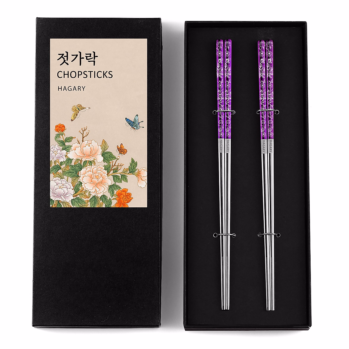 Peony and Butterfly Chopsticks Metal Chopsticks Reusable Designed in Korea Japanese Style Stainless Steel 316 18/10 Non-Slip Dishwasher Safe Laser Etched 2 Pairs Purple