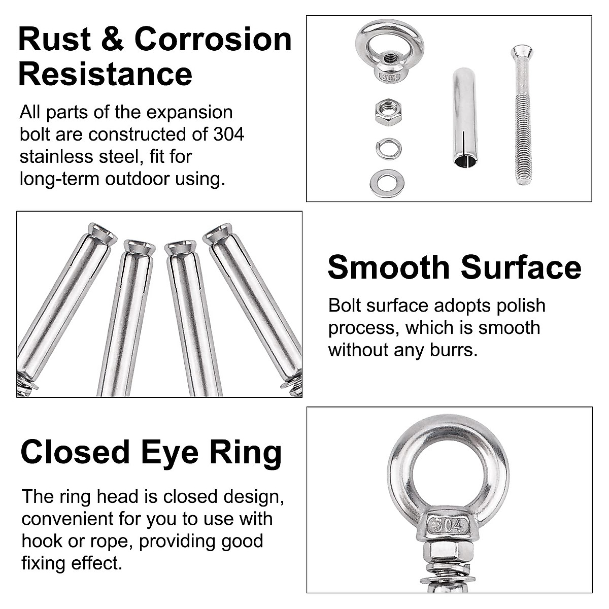 INCREWAY Expansion Bolt, 4 Pcs 304 Stainless Steel Ring Lifting Anchor Eyebolt Expansion Screw with Ring Closed Hook Internal Expansion Bolt Fastner for Concrete Wall, M8 x 80mm