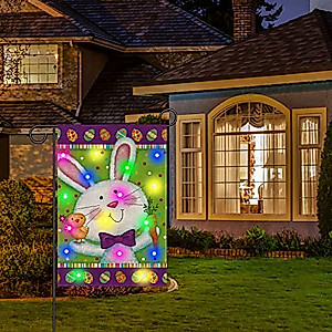 Easter Lighted Garden Flag 12x18 Double Sided Easter Garden Flag with led Lights Vertical Easter Bunny Rabbit Yard Flag for Spring Easter Garden Yard Outdoor Decorations