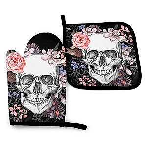 MSGUIDE Skull and Flowers Day of The Dead Oven Mitts -Heat Resistant 500 Degrees-Non Slip Kitchen Pot Holders Sets - Cooking Safe Gloves Soft Inner Lining
