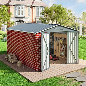 HOGYME 8x12 FT Outdoor Storage Shed, Large Metal Tool Sheds with Updated Frame Structure and Lockable Doors, Garden Shed for Backyard Garden Patio Lawn Red