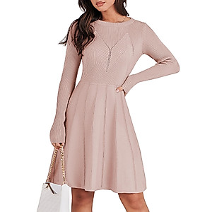 ANRABESS Women Midi Sweater Dress Long Sleeve Crewneck High Waist Casual A-Line Pleated Dresses Pink Small
