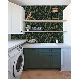 Wudnaye Green Vintage Floral Wallpaper Peel and Stick Wallpaper Dark Green and Gold Flower Leaf Butterfly Contact Paper 17.7" X 118.1" Removable Self Adhesive Boho Wallpaper for Bedroom Cabinets Decor