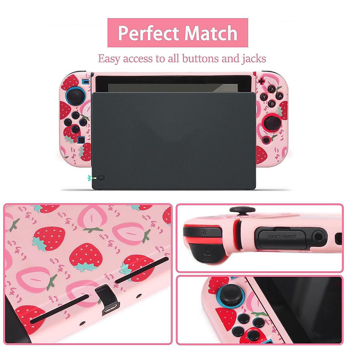 TIKOdirect Protective Case for Nintendo Switch, Soft Full Skin Protective Cover with Pretty Cute Pattern, Silicone Slim Shockproof Back and Grip Case for Switch, Strawberry