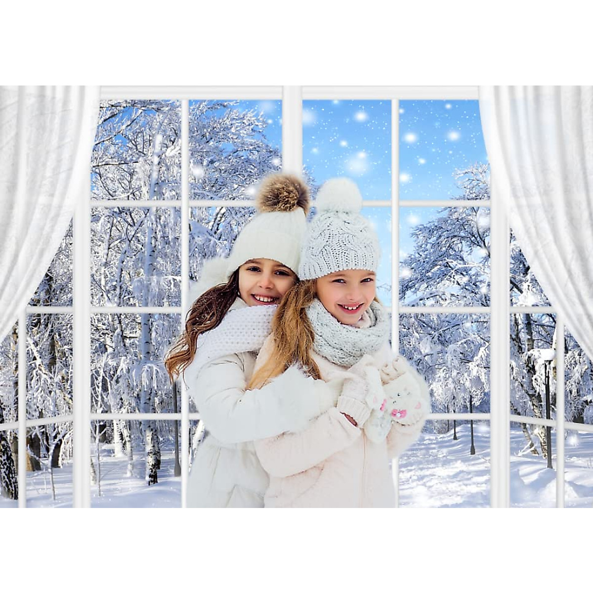 Winter Scene Backdrop Holiday Wonderland Snowflake Photography Background Window Forest Christmas Party Decoration Tree Landscape Kids Portrait Photobooth Photo Studio Props 7x5ft White