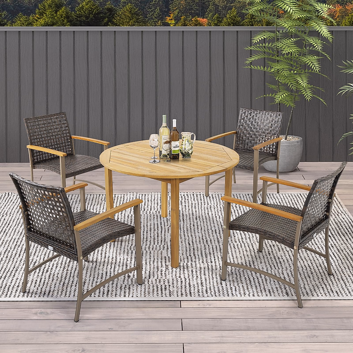 Tangkula Patio Dining Chairs Set of 4, Outdoor PE Wicker & Heavy-Duty Metal Chairs with Acacia Wood Armrests, Outdoor Rattan Armchairs for Garden, Backyard, Poolside, Balcony (Mix Brown)