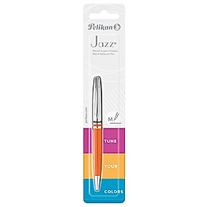 Pelikan Jazz Classic Ballpoint Pen, Medium Nib, Blue Ink Refill Included, Metal, Orange, Blister Card, 1 Each (815062)