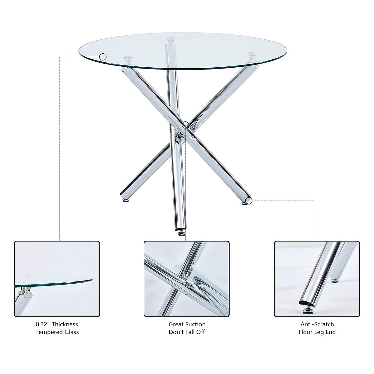 Modern Round Dining Table with Clear Tempered Glass Top, 3 Chrome Legs Kitchen Table for 2 or 4 Person,Round Dining Table Furniture for Home Office Kitchen Dining Room(W 35.4 x L 35.4 x H 29.5 inch)