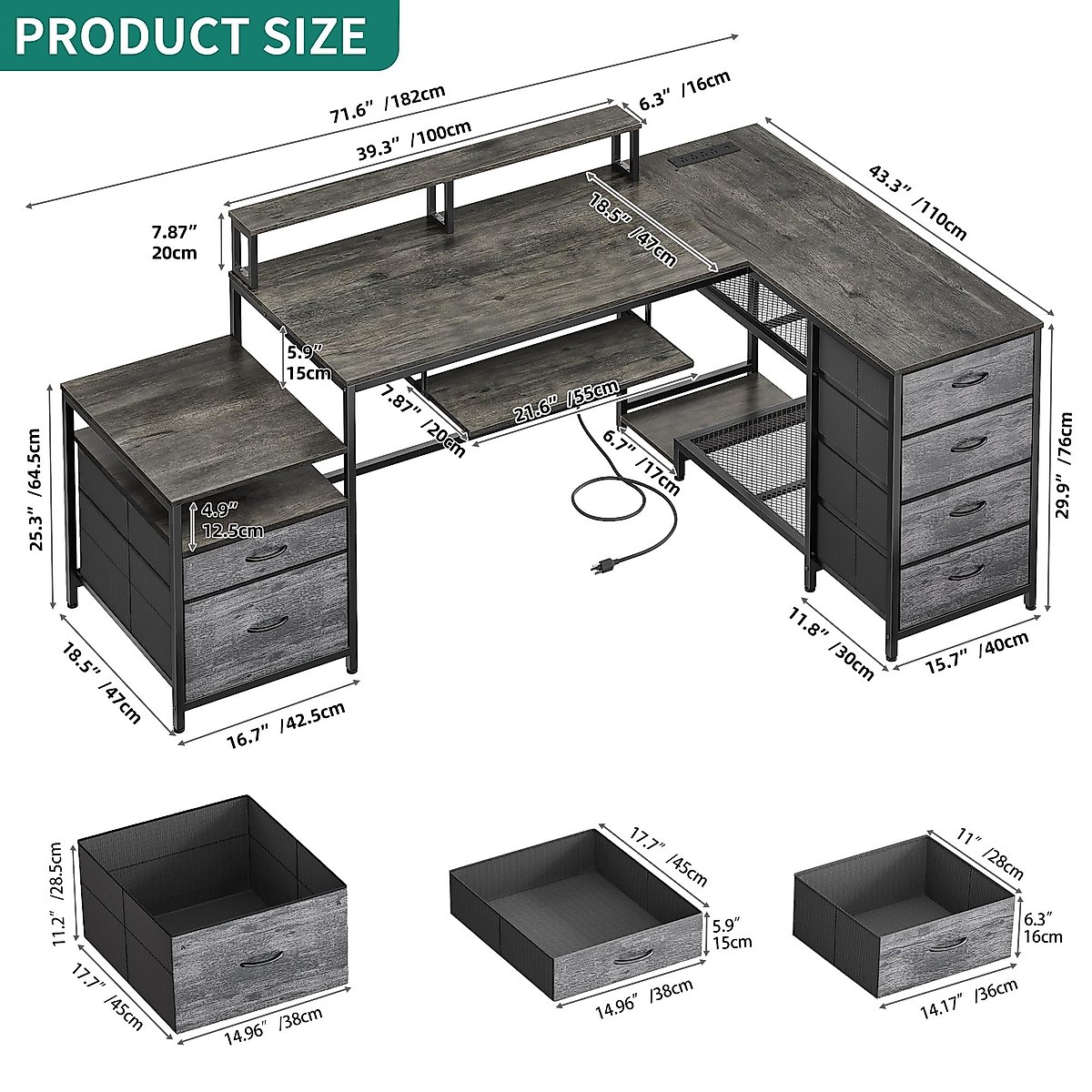 YITAHOME L Shaped Desk with Drawers, 71" L Shaped Computer Desk with Power Outlet & LED Lights, Corner Office Desk with Storage Shelves & Printer Stand, Gaming Desk with Monitor Shelf, Grey