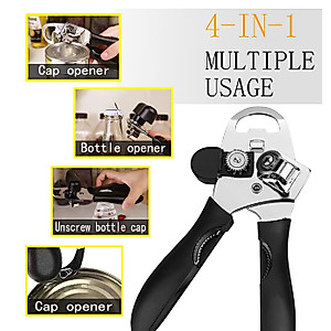 4-in-1 Stainless Steel Can Opener, Hand-Held Can Opener, Multifunctional, Sharp Blade, Labor-saving Handle, Easy To Grasp And Heavy Load, Black