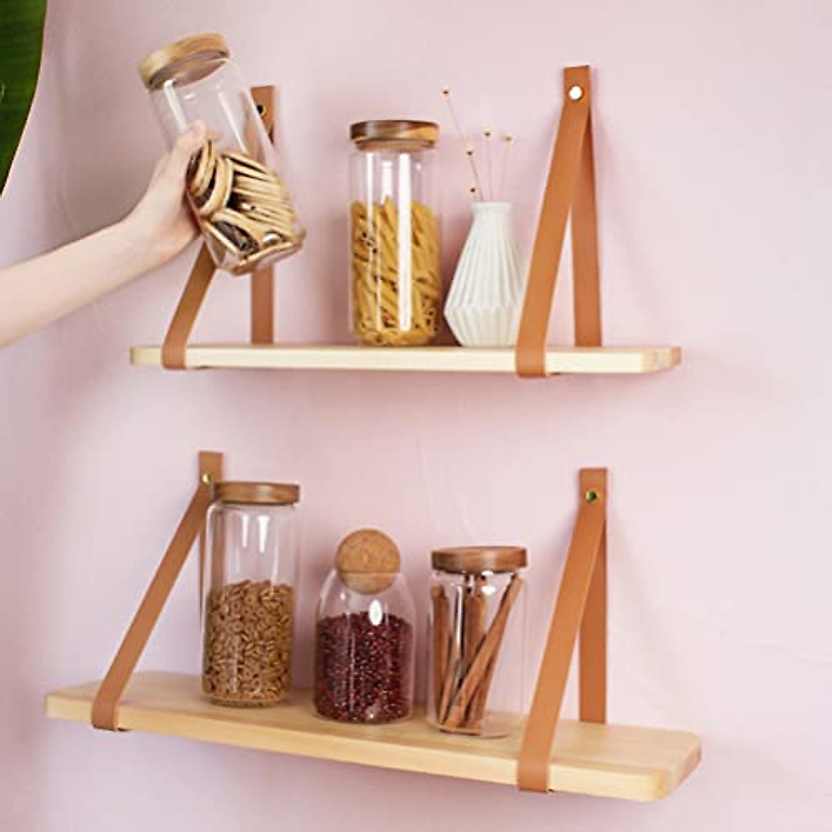 Cabilock Shelves 1 Set of Leather Wooden Shelf Wall Hanging Shelf Wooden Floating Shelf Decorative Bookshelf Rustic Storage Shelf for Home Bedroom Living Room Decorations Floating Shelves