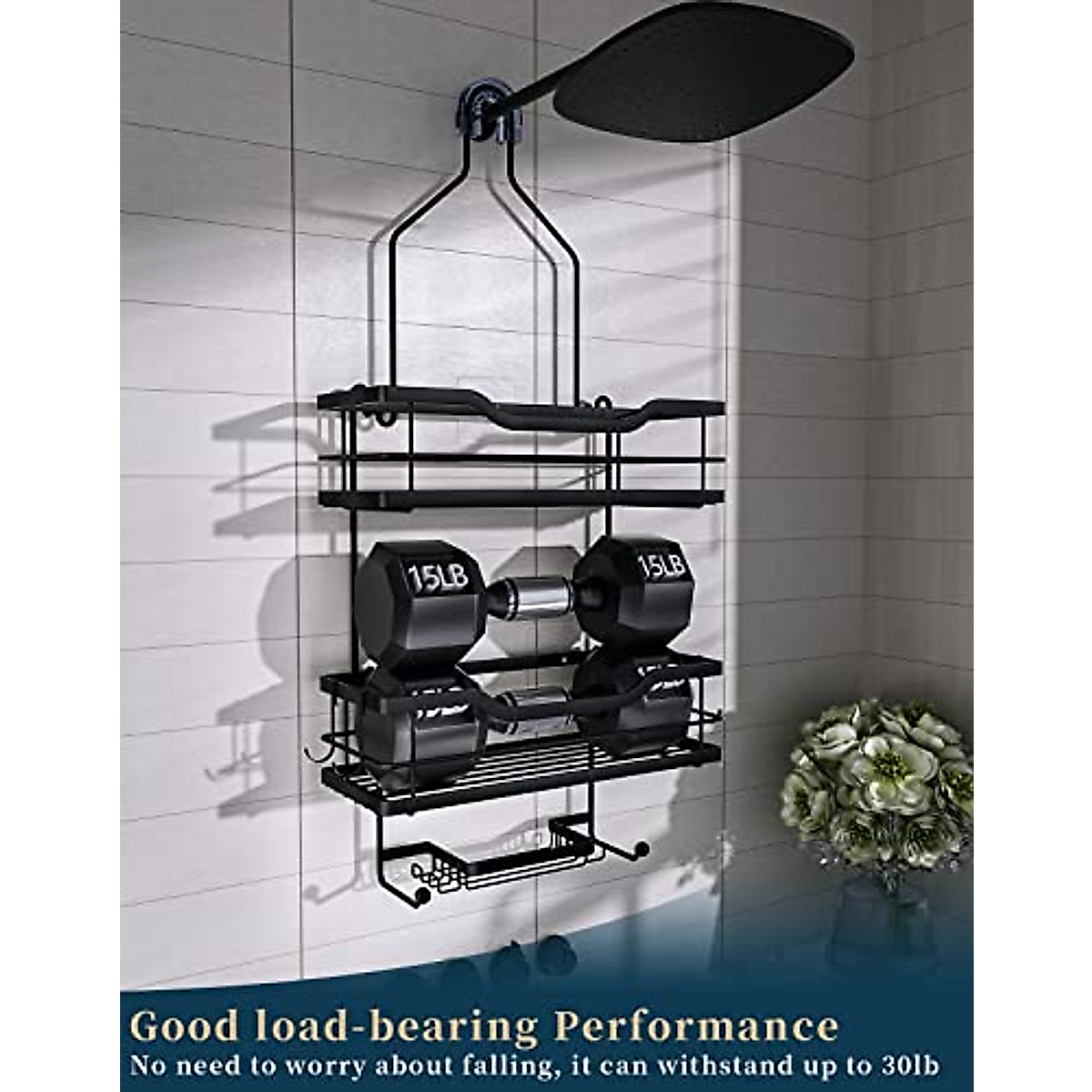 Consumest Shower Caddy over Head Hanging Shower Caddy with Soap Holder, Rustproof & Waterproof Shower Shelf with 4 Movable Hooks, No Drilling Black Shower Rack for Bathroom, Shower Room