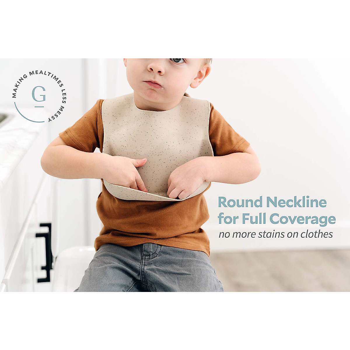 Goobie Baby Silicone Baby Bib with Food Catcher - Adjustable Waterproof Feeding Bib for Babies and Toddlers 4 to 36 Months for Girl and Boy - Modern, Soft, Easy to Clean (Speckled Sand)