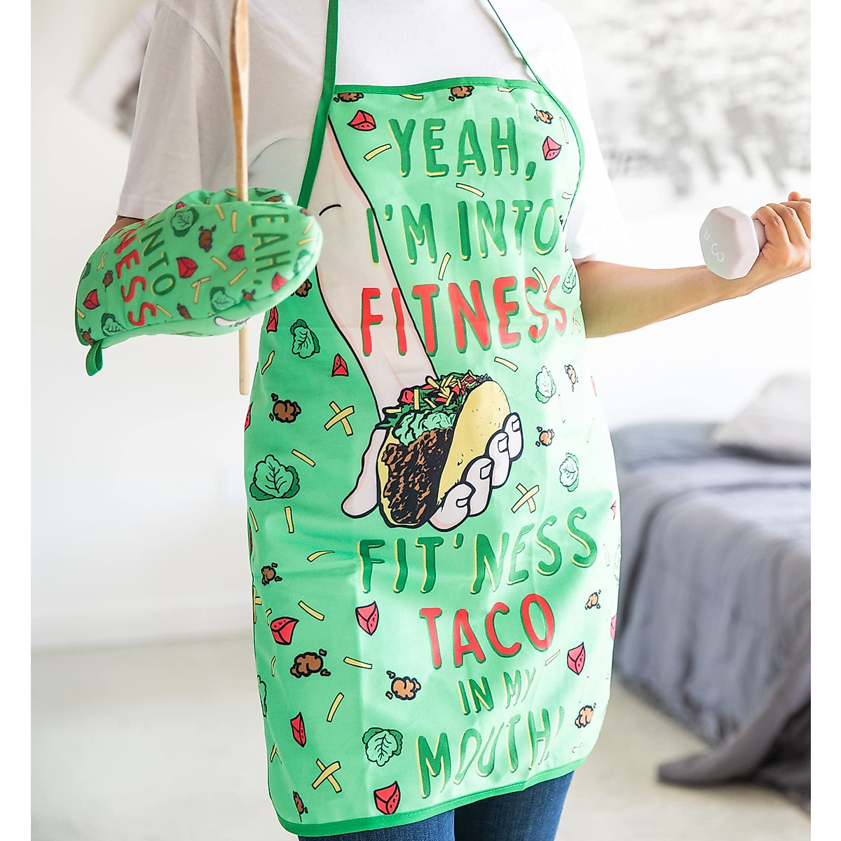 Fitness Taco Funny Kitchen Apron and Oven Mitts Humorous Gym Graphic Novelty Cooking Accessories Funny Graphic Kitchenwear Cinco De Mayo Funny Food Green Oven Mitt